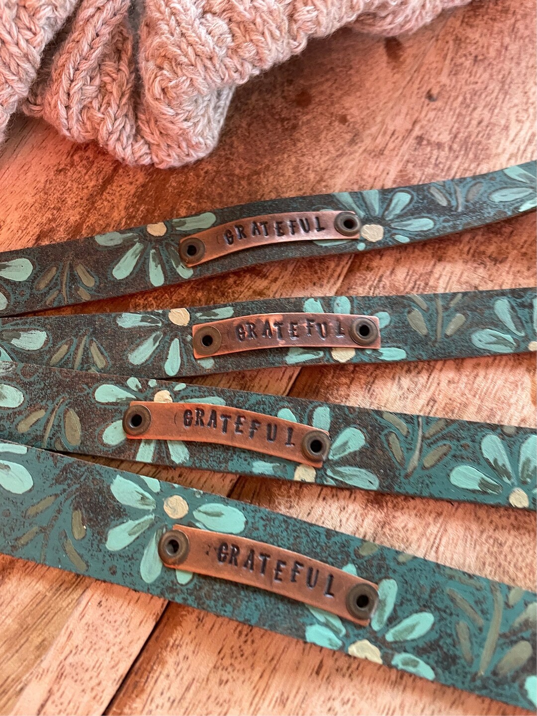 Leather Word Cuff-skinny Cuff-grateful-artisan Collection-hand Painted ...