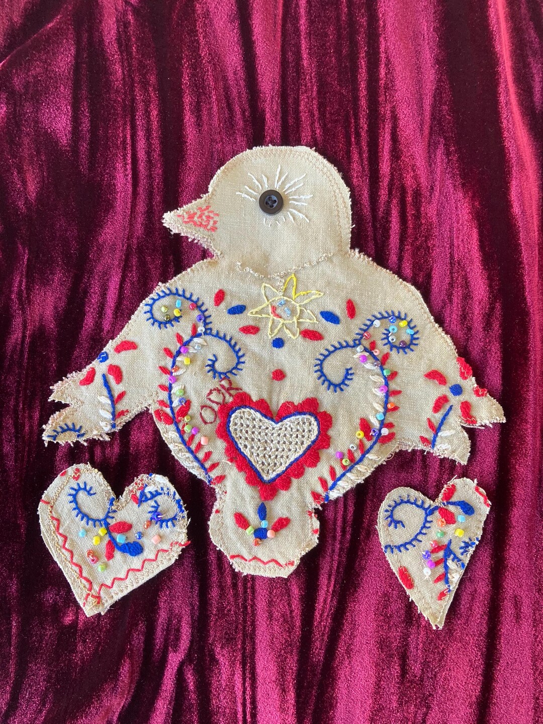 Plump Partridge Bird and 2 Hearts Upcycled Vintage Napkin Jean Patch ...