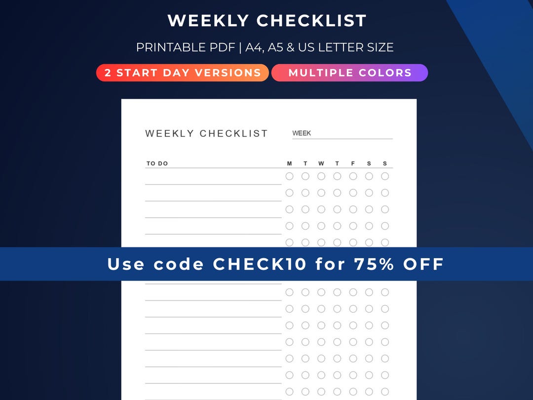 Weekly Checklist Printable PDF | A4 | A5 | US Letter | Monday & Sunday ...