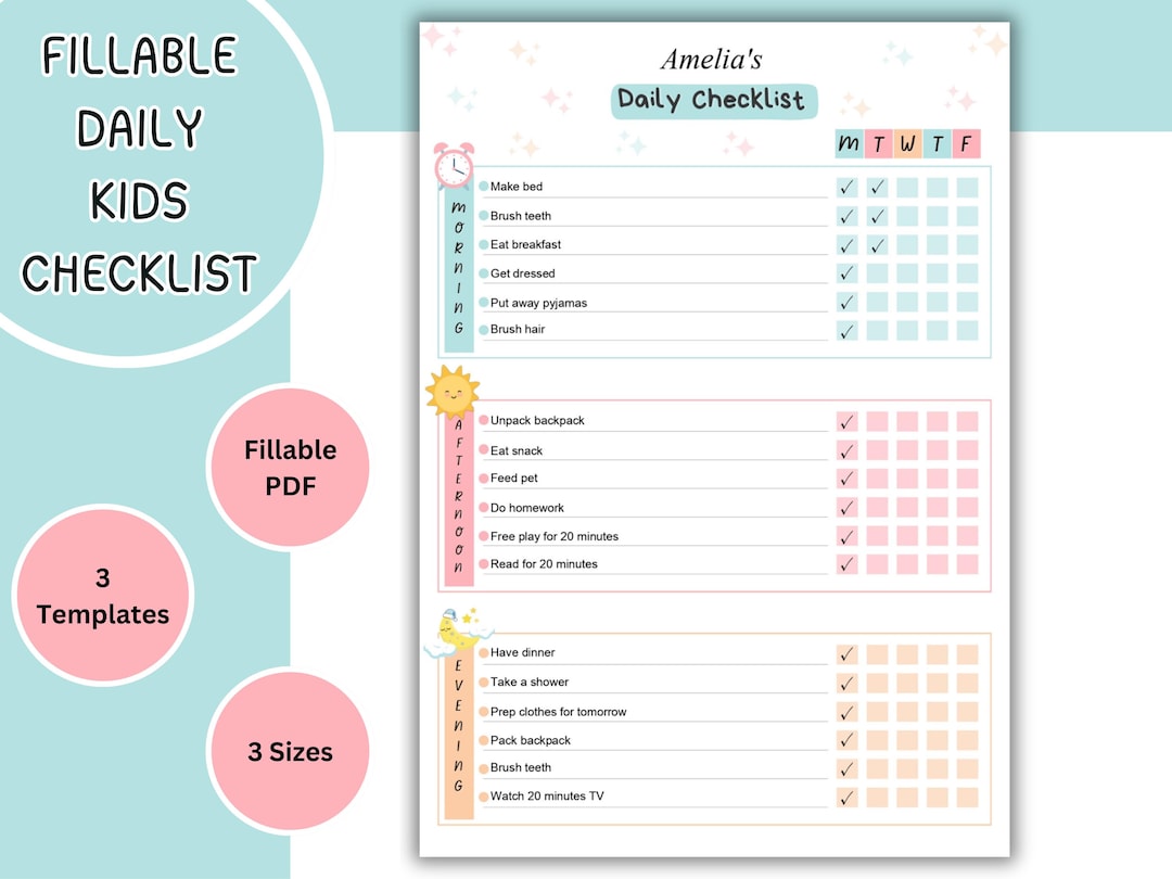 Editable Daily Checklist for Kids | Fillable | Printable | Daily ...