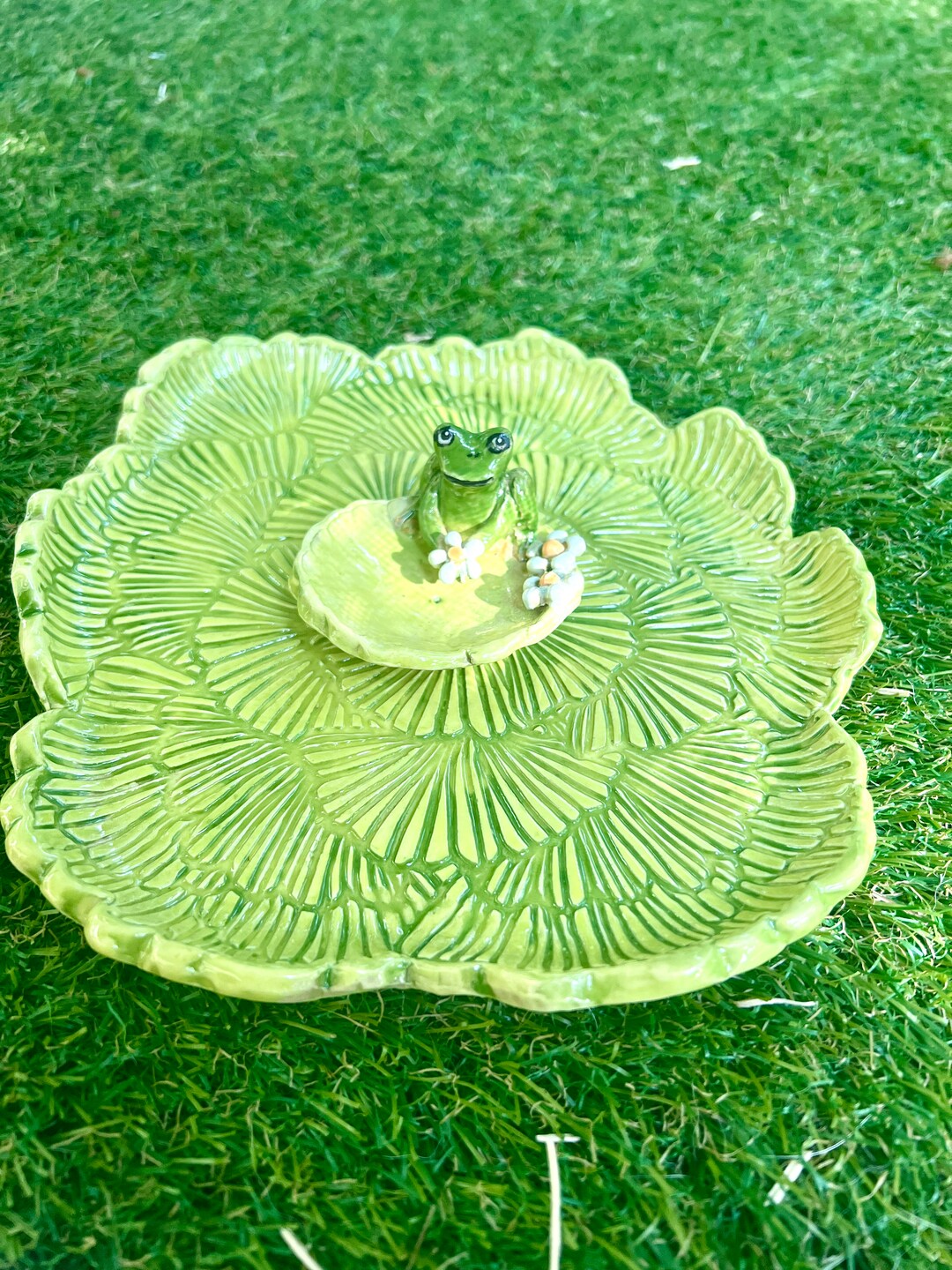 Handmade Ceramic Lily Pad and Frog Dish Set Cottagecore Chip and Dip ...
