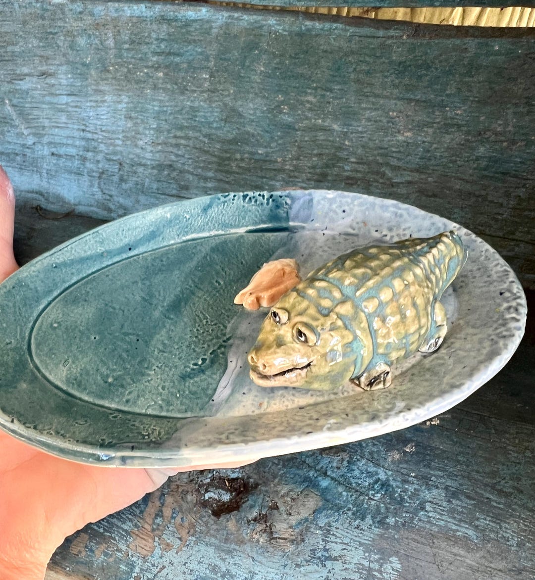 Handmade Whimsical Happy Fat Gator Ceramic Trinket Dish Alligator ...