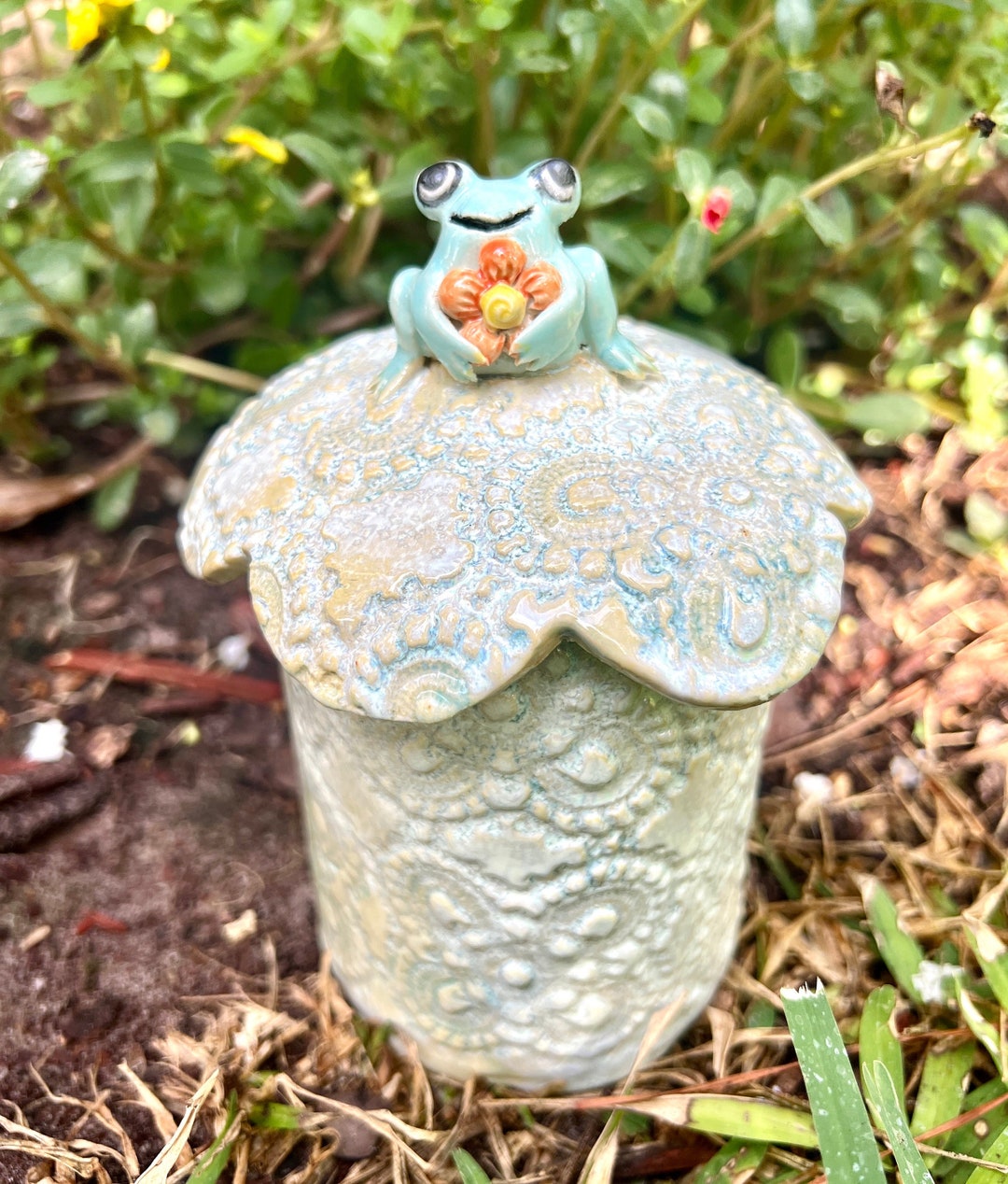 Handmade Ceramic Frog Jar Mint Green Lace Impression Whimsical Frog ...