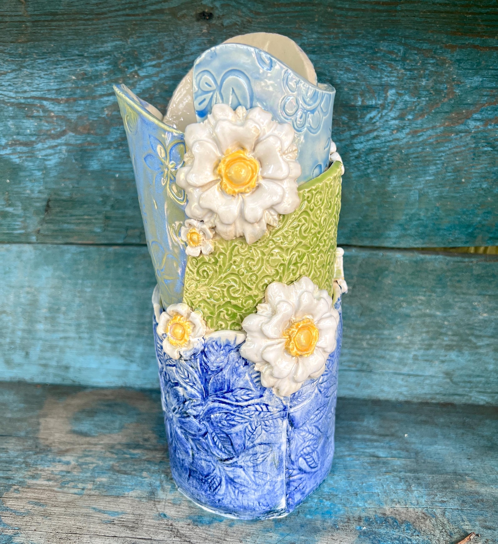 Handmade Ceramic Patchwork Wonky Daisy Vase Handmade Pottery by Carol ...