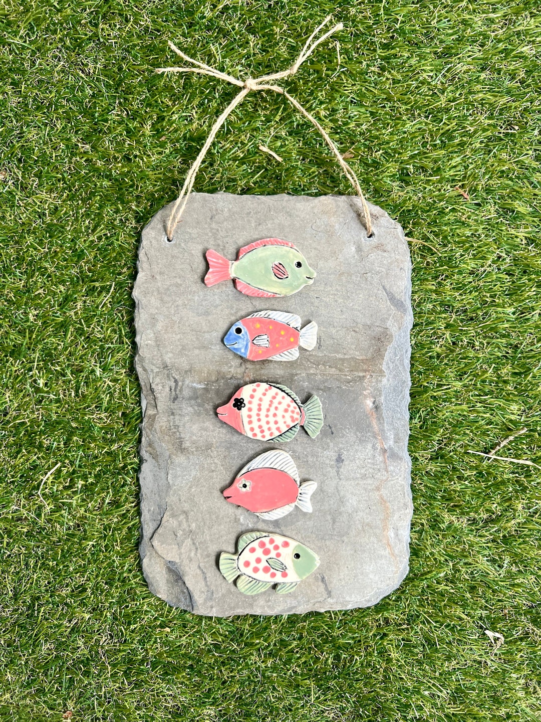 Original Whimsical Ceramic Fish Tiles on Slate Hanging Coastal Fish Art ...