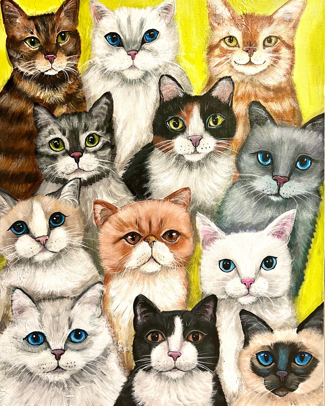 Original Group of Whimsical Cats Painting A Clutter of Cat Art by Carol ...