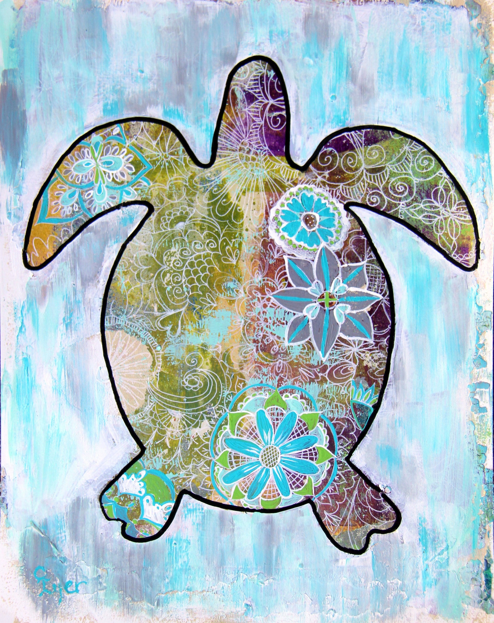 Original Whimsical Floral Sea Turtle Painting Fine Art Coastal | Etsy