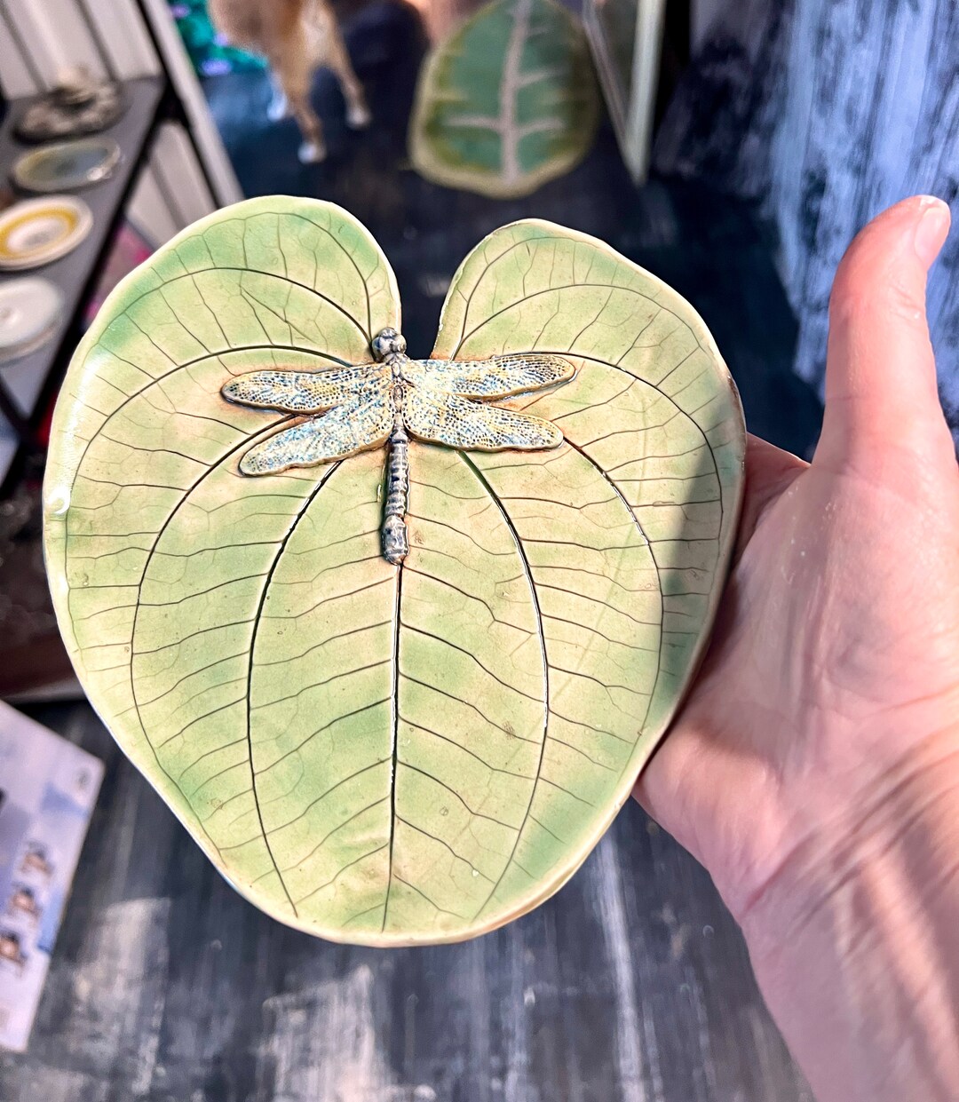 Hand Built OAK Potato Leaf Dish Leaf Impression With Dragonfly ...