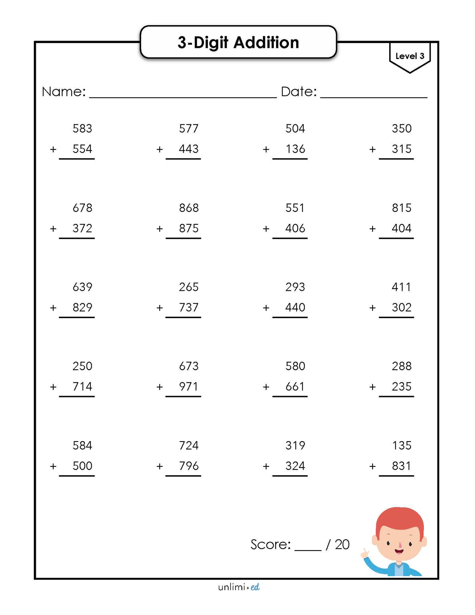 20 3-digit Addition Worksheets | Math Printable Worksheets | 20 Pages ...