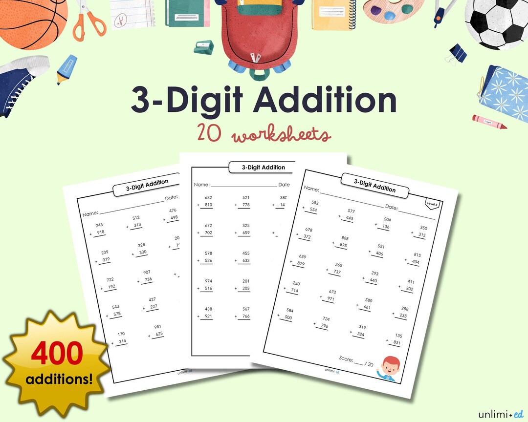 20 3-digit Addition Worksheets | Math Printable Worksheets | 20 Pages ...