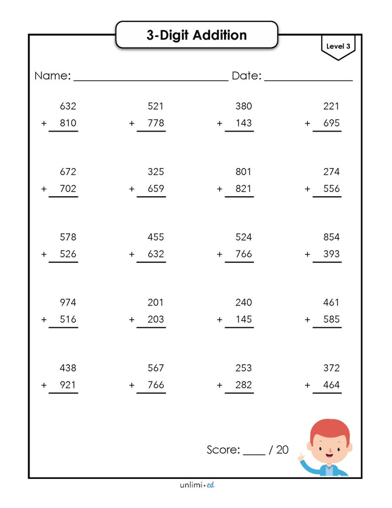 20 3-digit Addition Worksheets | Math Printable Worksheets | 20 Pages ...