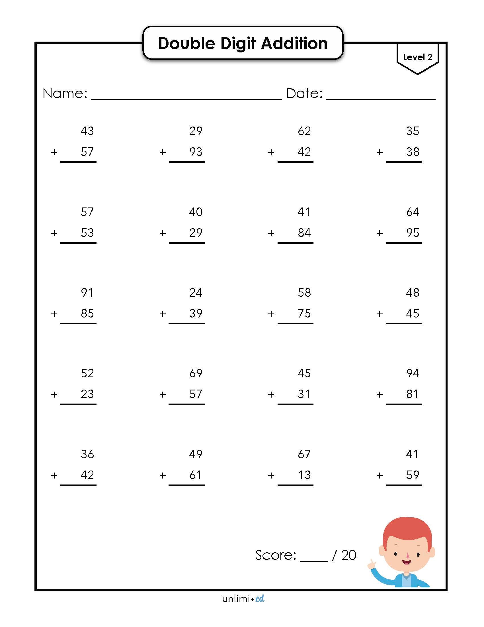 20 Double Digit Addition Worksheets Math Printable Worksheets 20 Pages ...