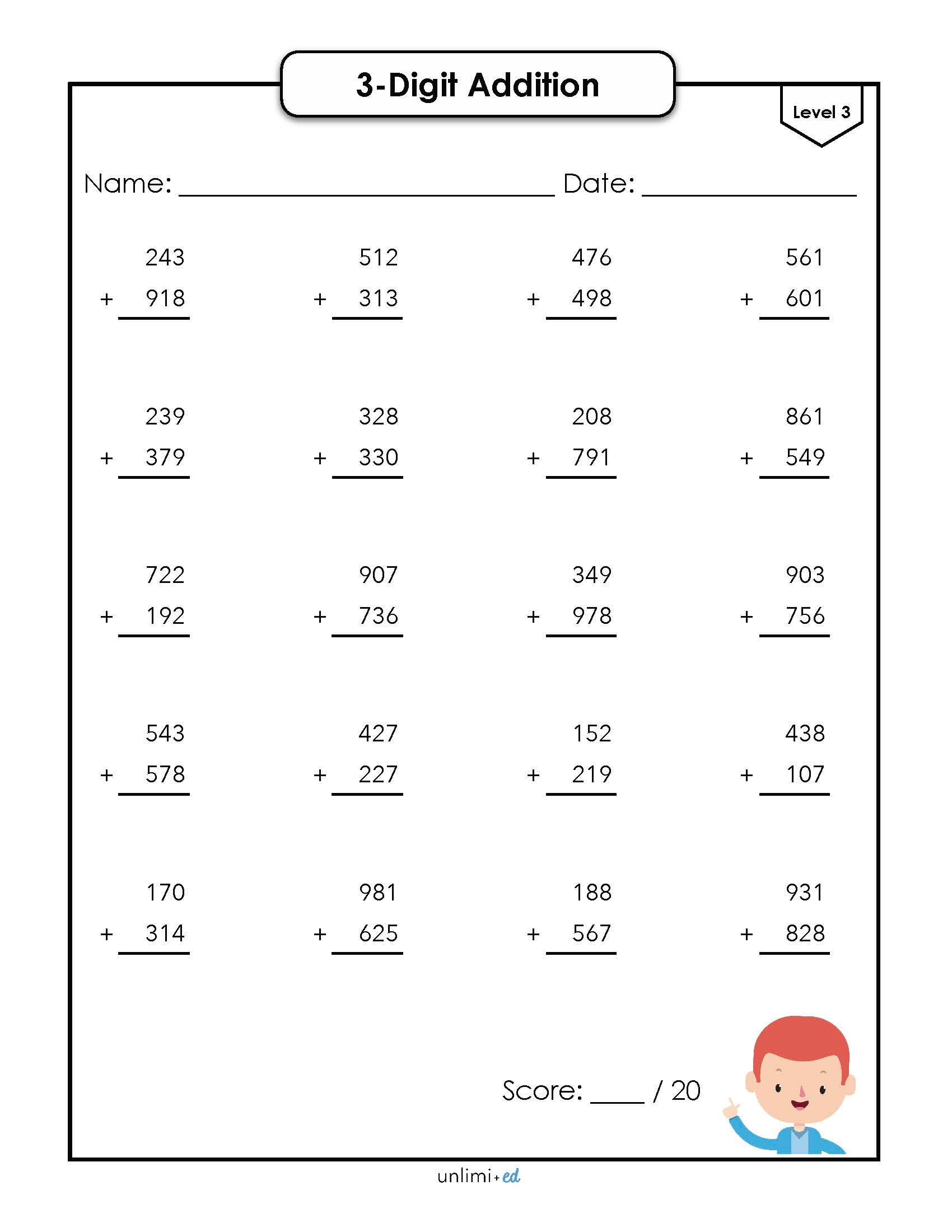 20 3-digit Addition Worksheets Math Printable Worksheets 20 Pages 400 ...
