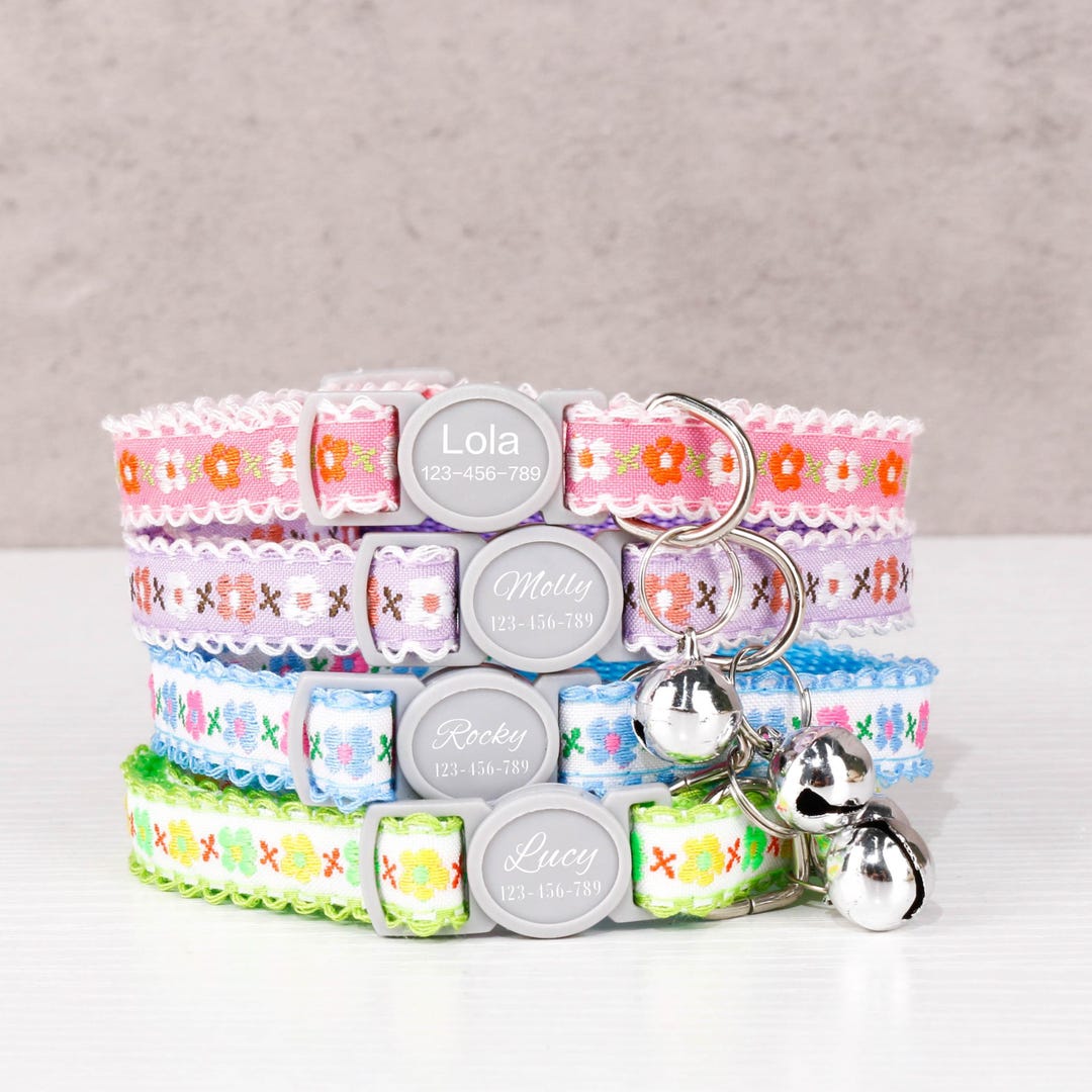 Custom Removable Bell Floral Cat Collar: Personalized Engraved Kitten ...