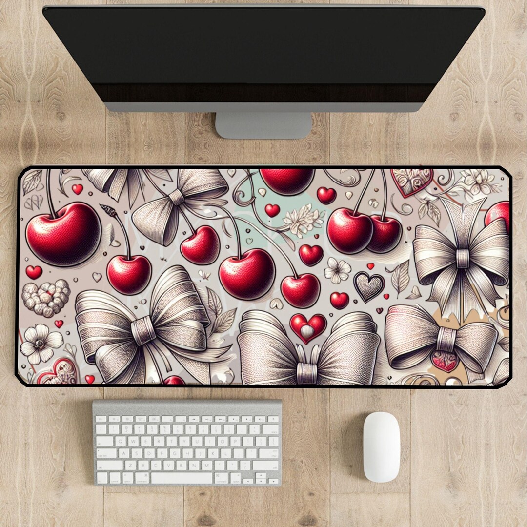 Cherry and Bows Desk Mat, Coquette Desk Pad, Cherries Mouse Pad ...