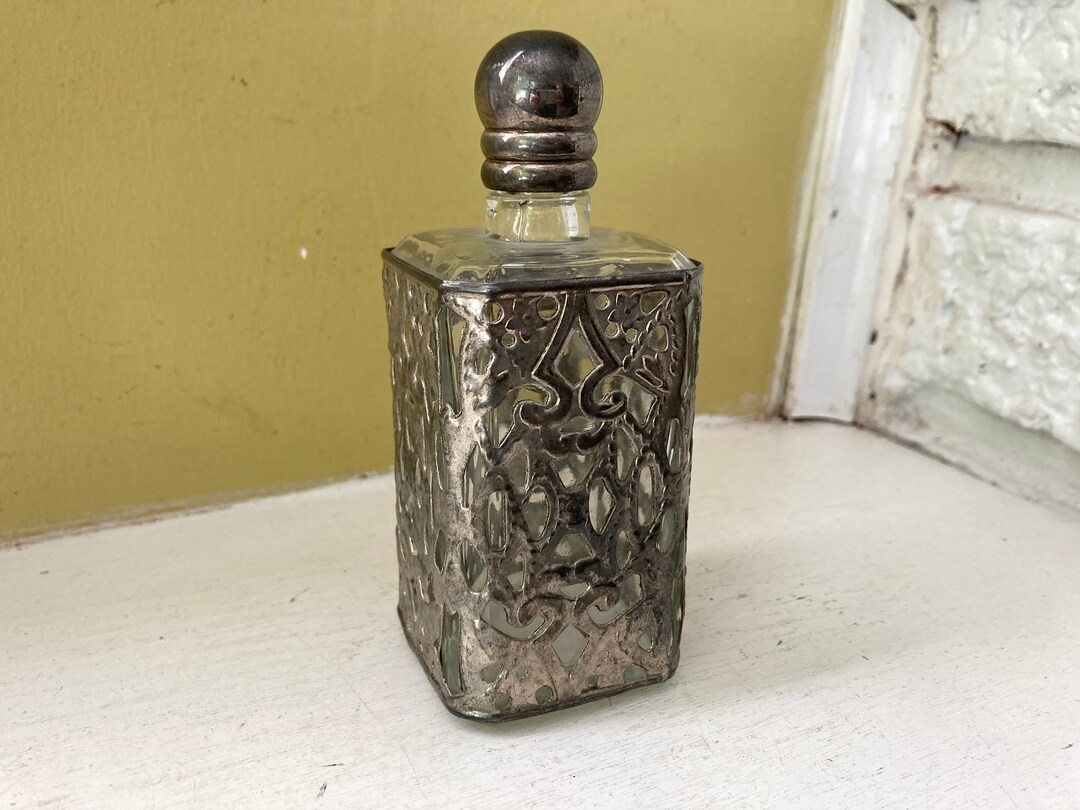 Silver Plate Filagree Glass Perfume Bottle | Screw Top Lid | Boudoir ...