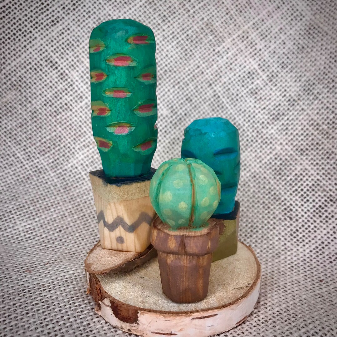 Cactus Trio hand Carved/whittled Set of 3 Cacti, Mounted on Base - Etsy