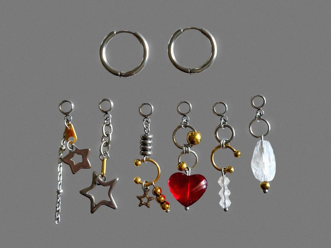 Mixed Metal Charm Hoop Earrings | Stainless Steel Grunge Jewelry Set - Etsy