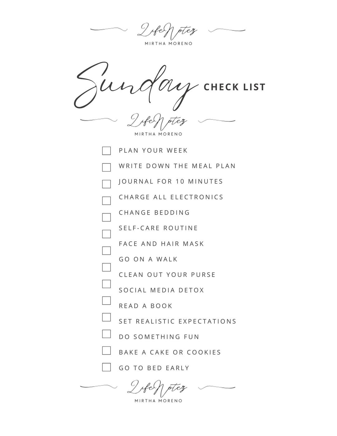 Sunday Self Care Checklist - Etsy