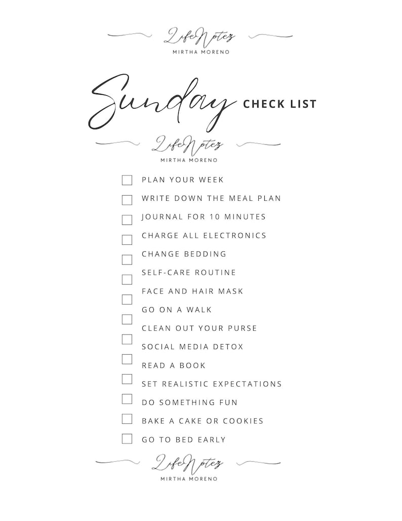 Sunday Self Care Checklist - Etsy
