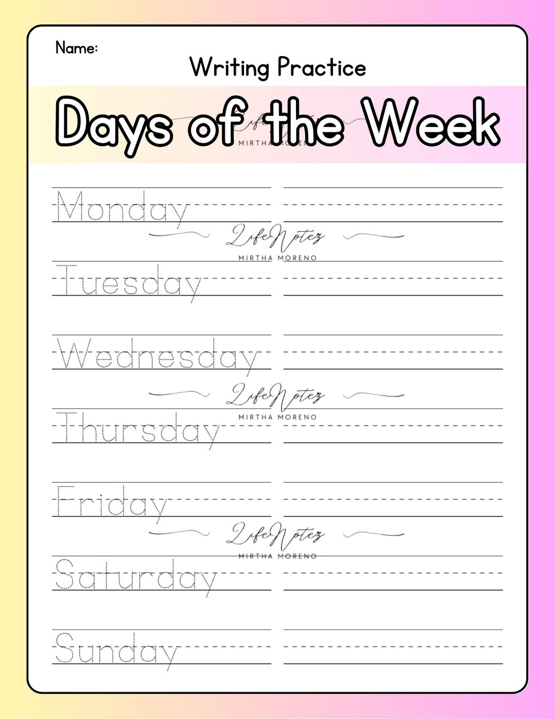 Days of the Week Trace Sheet - Etsy