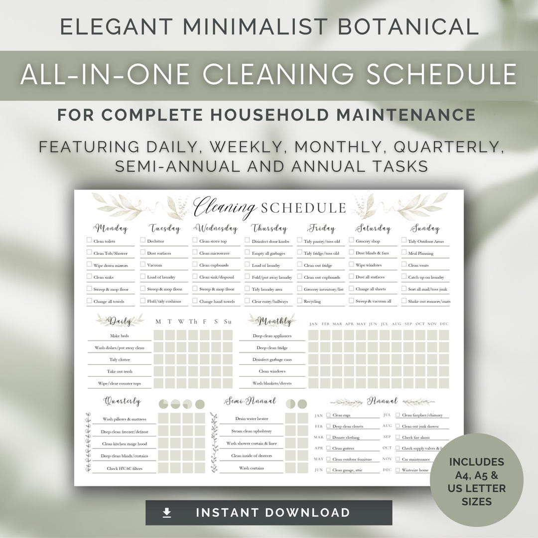 Botanical Cleaning Schedule: Editable Printable PDF (US Letter, A4, A5 ...