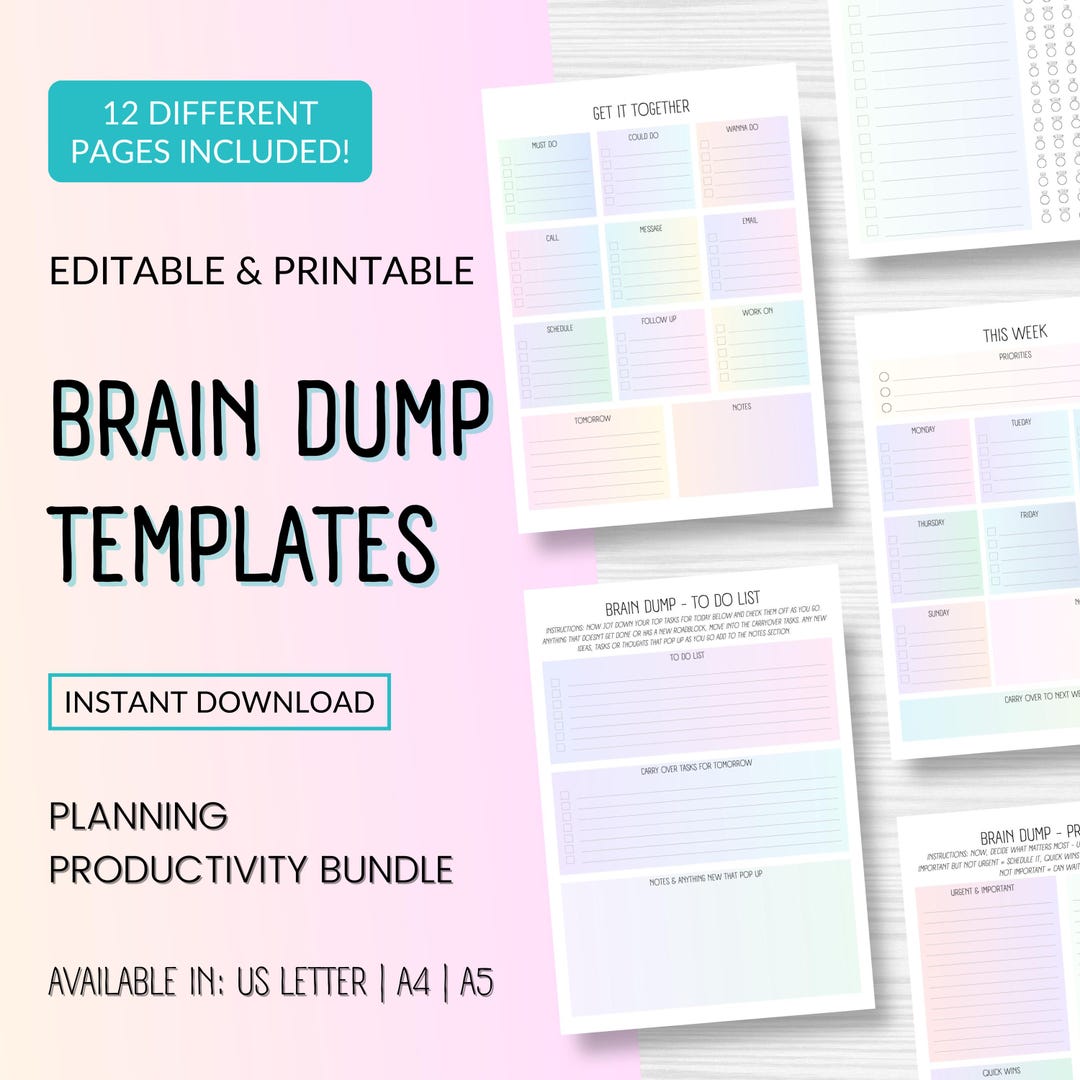 Brain Dump Template Bundle: Guided Planning Worksheets (A5, A4, US ...