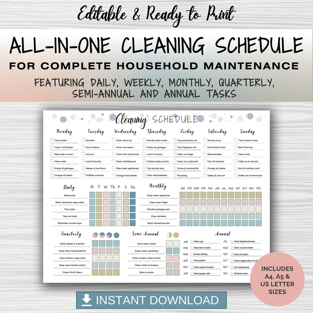 Printable Cleaning Schedule: Daily, Weekly, Monthly Tasks (PDF) - Etsy
