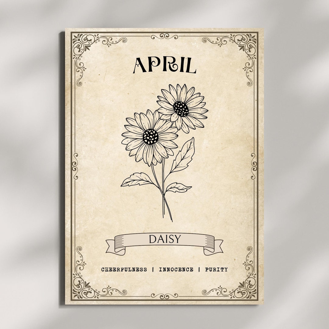 Vintage April Birth Flower Printable - Daisy Digital Wall Art - Classic ...