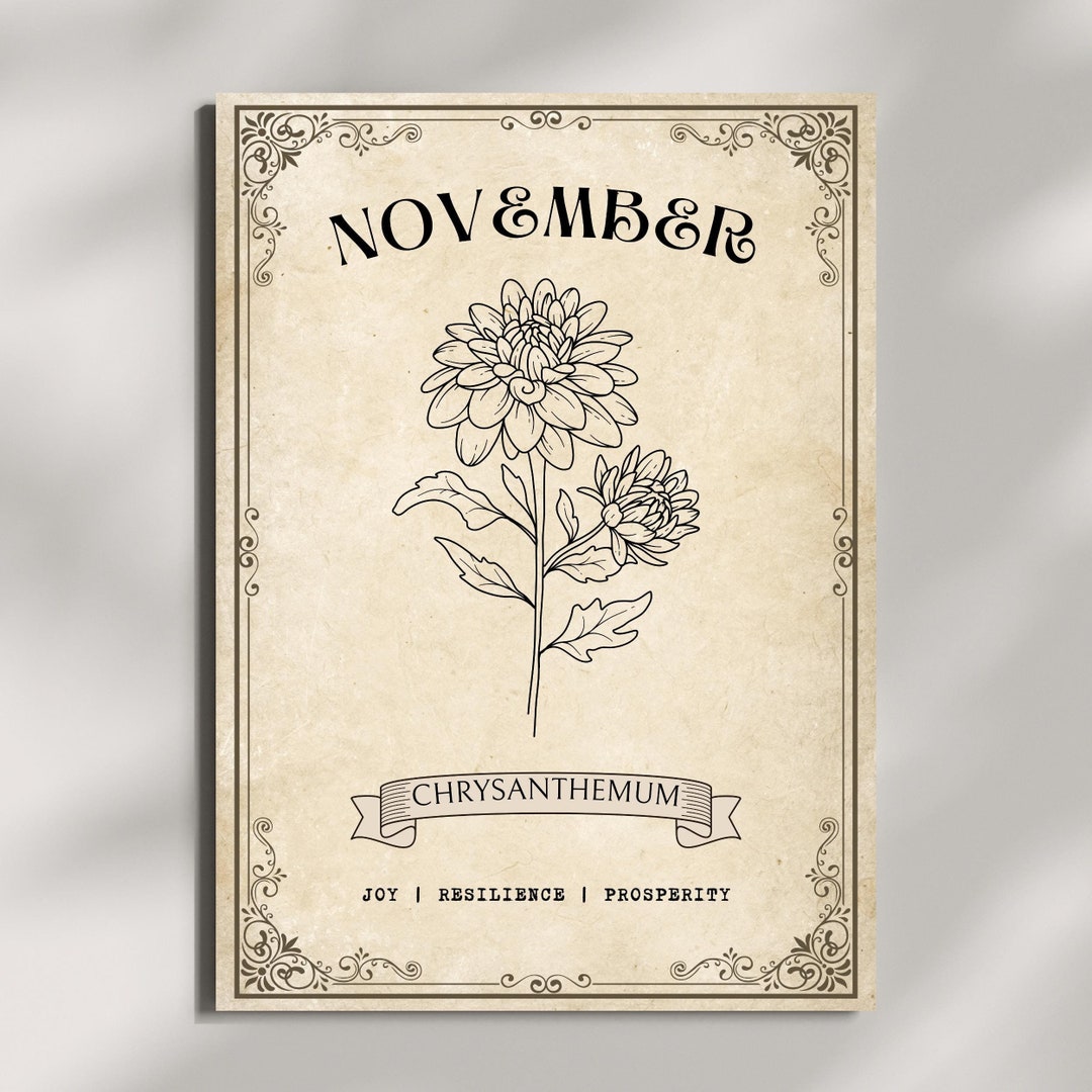 Vintage November Birth Flower Printable - Chrysanthemum Digital Wall ...
