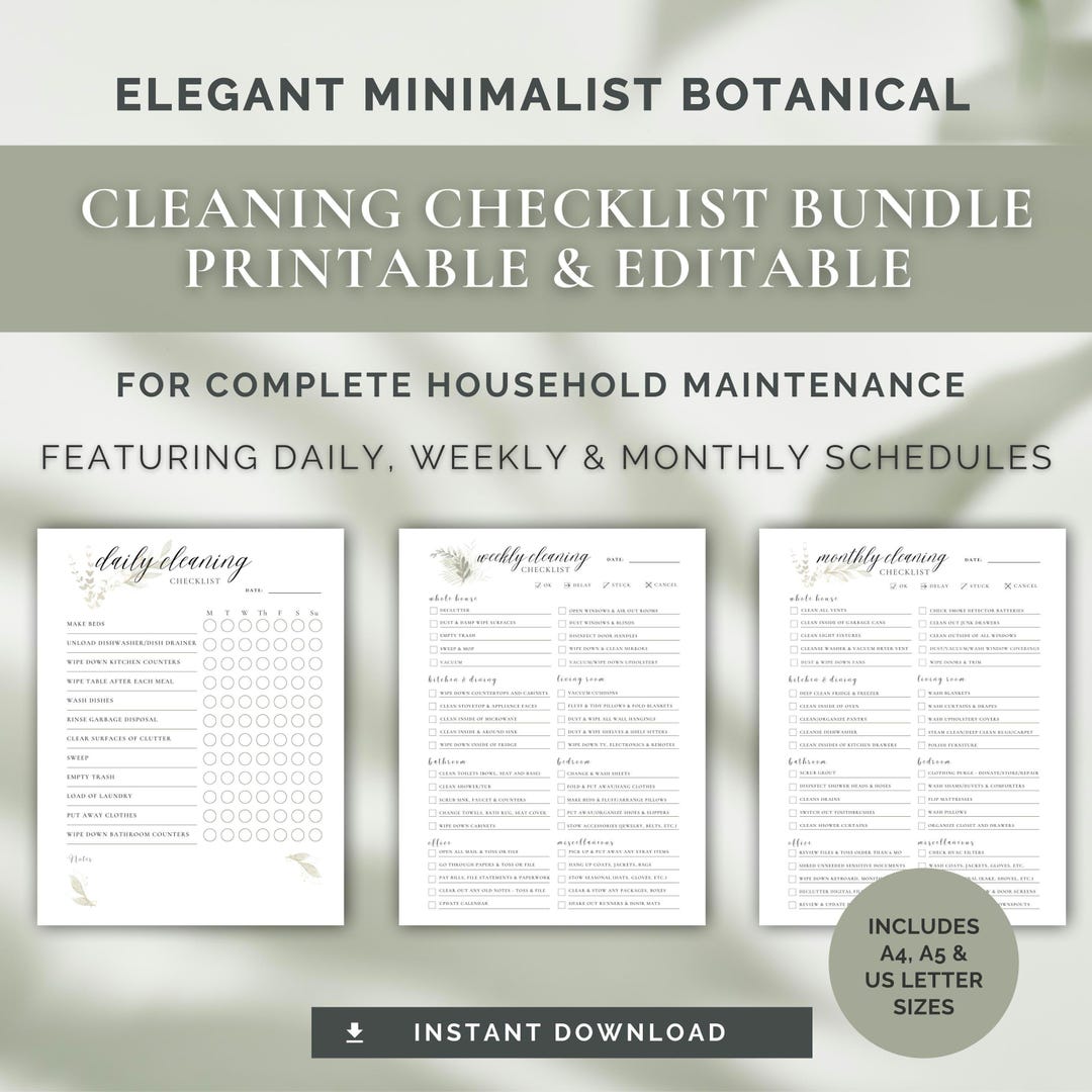 Editable Cleaning Checklist Bundle | Botanical Printable Daily, Weekly ...