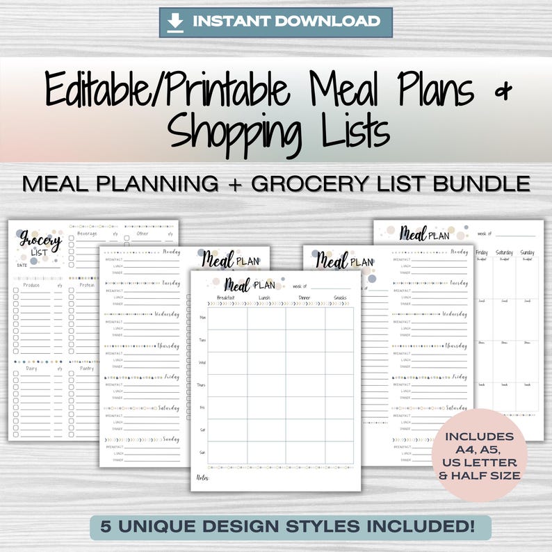 Editable & Printable Meal Planner Shopping List Bundle | Weekly Meal ...