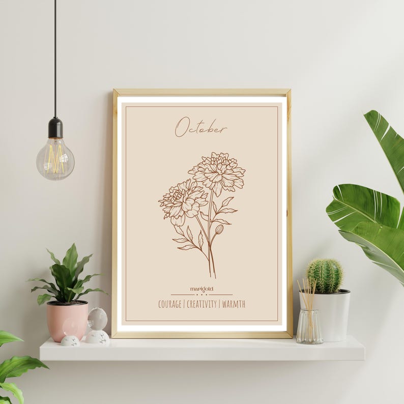 Marigold October Birth Flower Print: Minimalist Botanical Art (digital ...