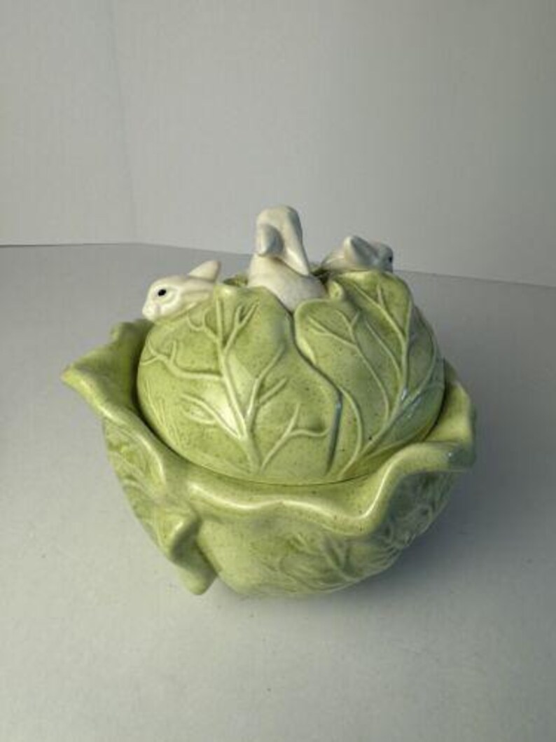 Ceramic Holland Mold Green Cabbage Lettuce With Bunnies Bowl Dish W/lid ...