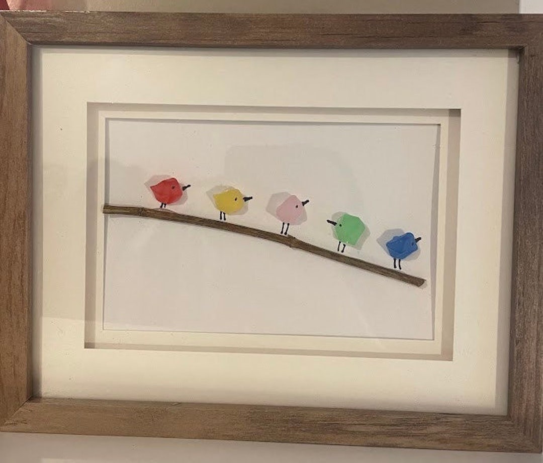 Sea Glass Birds Framed Art, Rainbow Birds on a Branch Made From ...