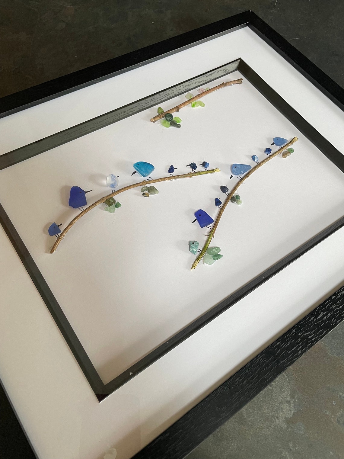 Large Framed Sea Glass Birds Art: Beautiful Blue Birds Perched on a ...