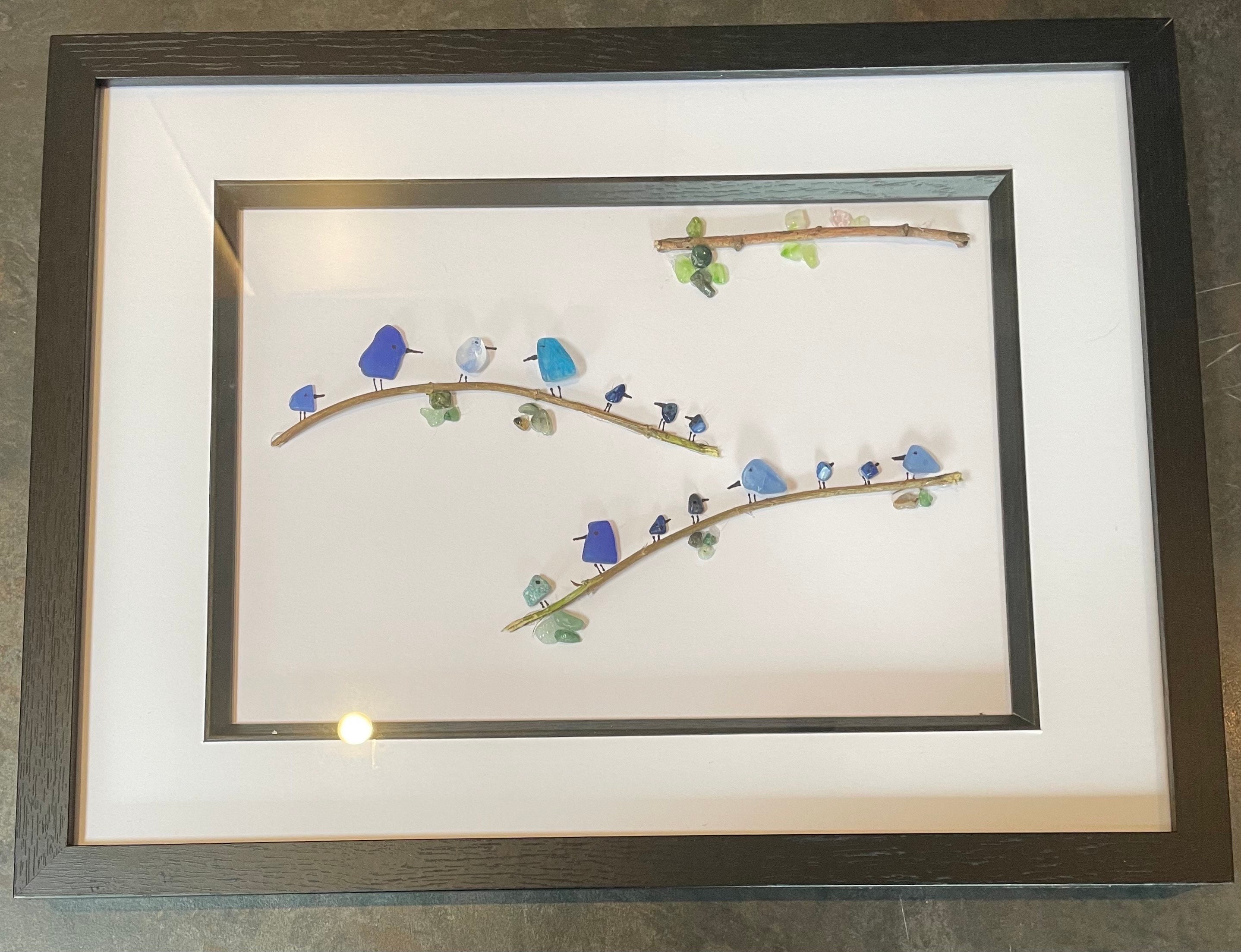 Large Framed Sea Glass Birds Art: Beautiful Blue Birds Perched on a ...