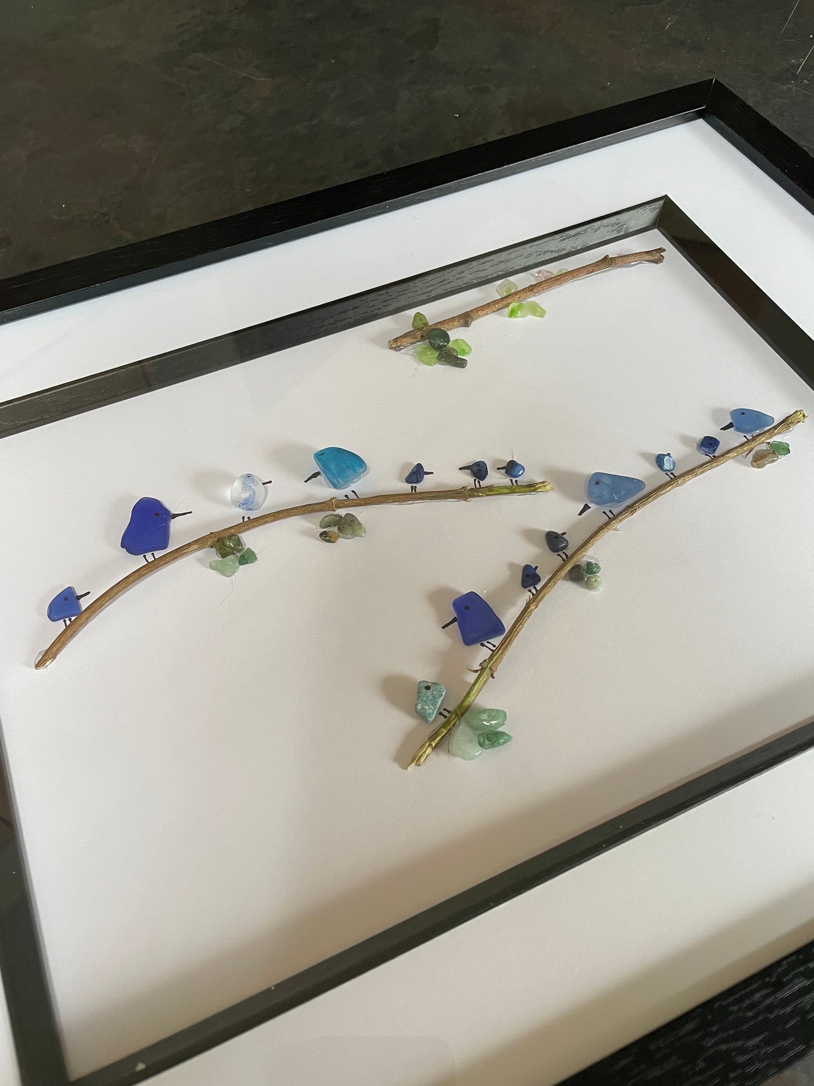 Large Framed Sea Glass Birds Art: Beautiful Blue Birds Perched on a ...