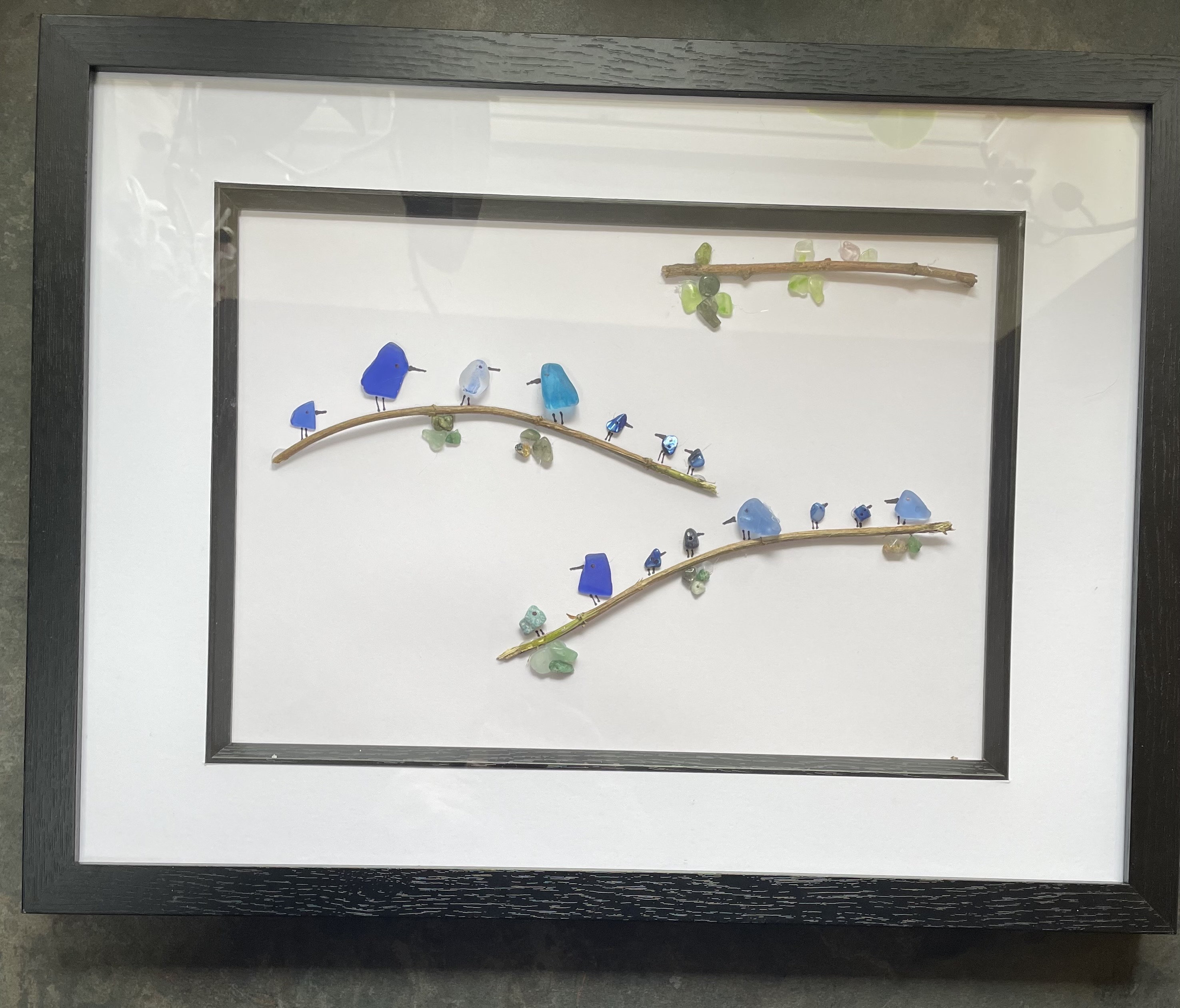 Large Framed Sea Glass Birds Art: Beautiful Blue Birds Perched on a ...