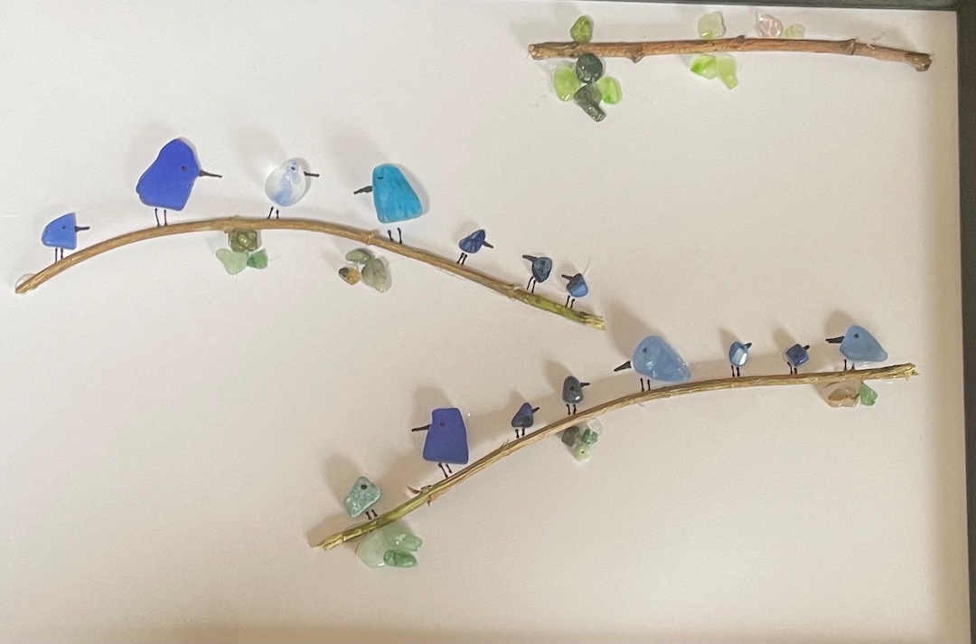 Large Framed Sea Glass Birds Art: Beautiful Blue Birds Perched on a ...