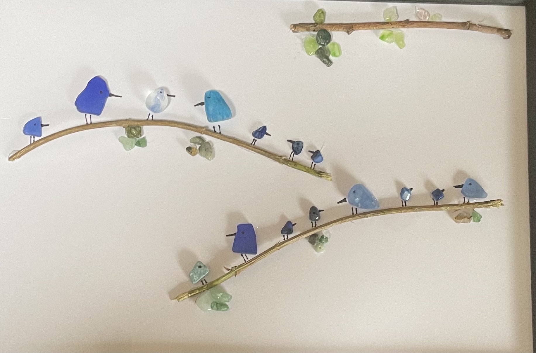 Large Framed Sea Glass Birds Art: Beautiful Blue Birds Perched on a ...