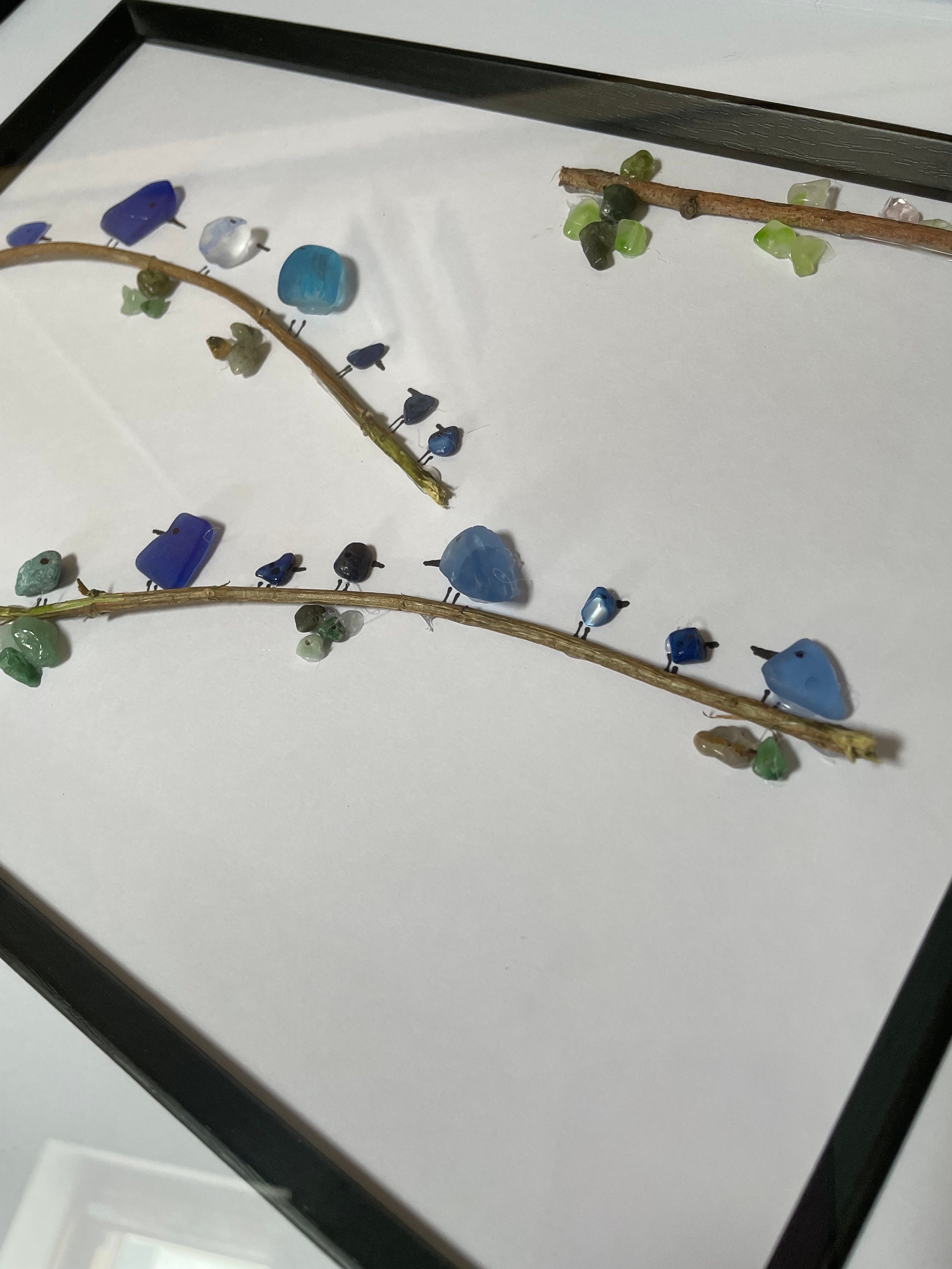 Large Framed Sea Glass Birds Art: Beautiful Blue Birds Perched on a ...