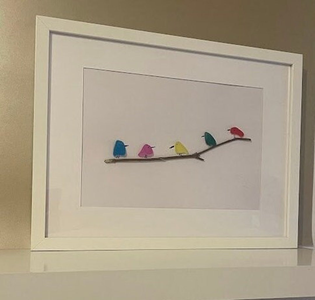 Sea Glass Birds Framed Art Large, Rainbow Birds on a Branch Made From ...