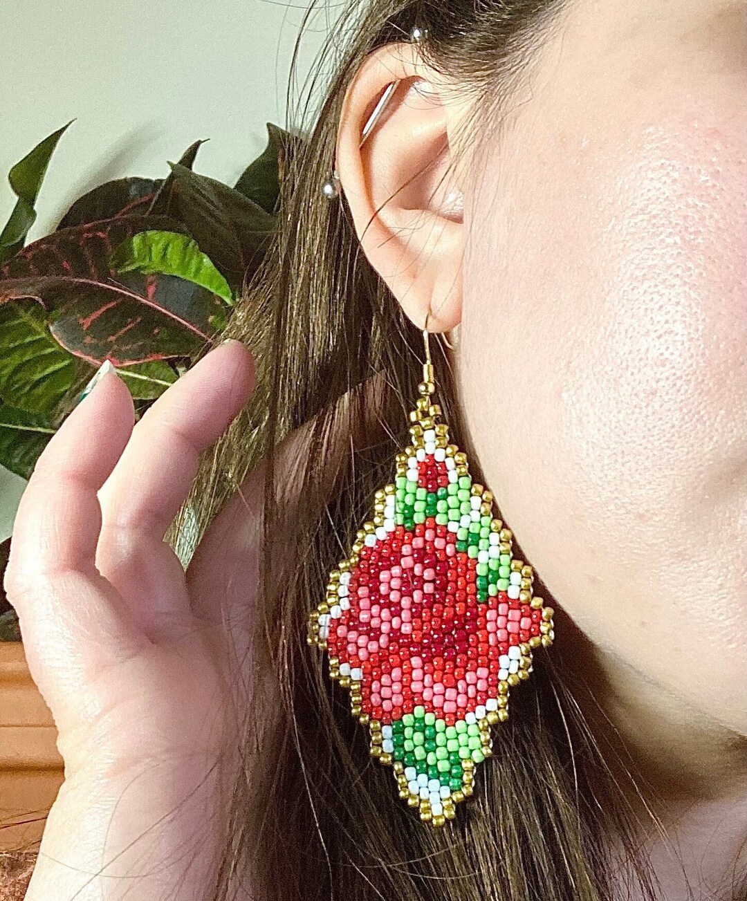 Large Rose Beaded Earrings Red Rose Bead Earring Rose Bead Earring Red ...