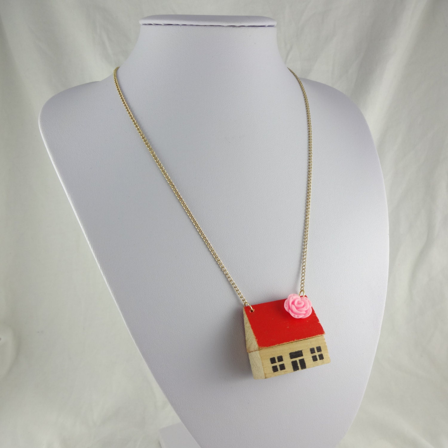 House Necklace Vintage Wooden Toy House With Red Roof and - Etsy