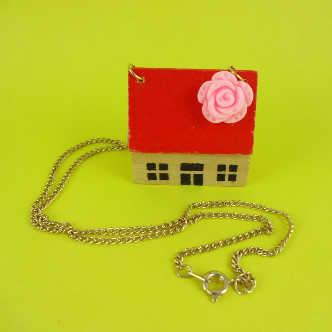 House Necklace Vintage Wooden Toy House With Red Roof and Pink Flower ...