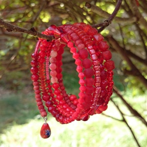 Red Memory Wire Bracelet Wrap Around, Stacked Coils Bangle With Mixed ...