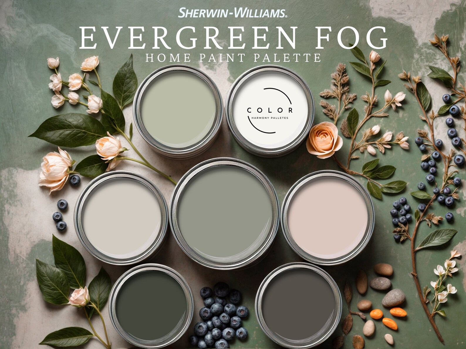 Evergreen Fog Home Paint Palette, Sherwin Williams 2024 Inspired, Whole ...