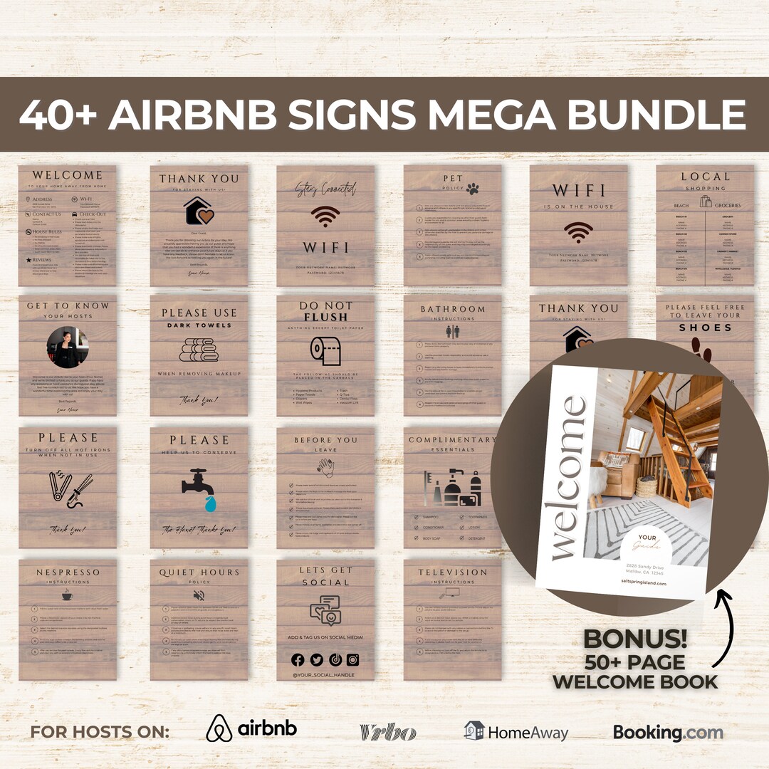 Printable Airbnb Welcome Sign Bundle | Editable Short Term Rental Cabin ...