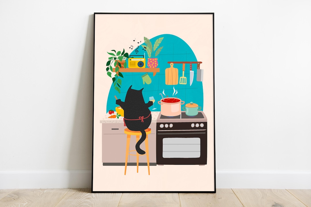 Printable Black Cat Chef Wall Art, Boho Kitchen Decor for Cat Lovers ...